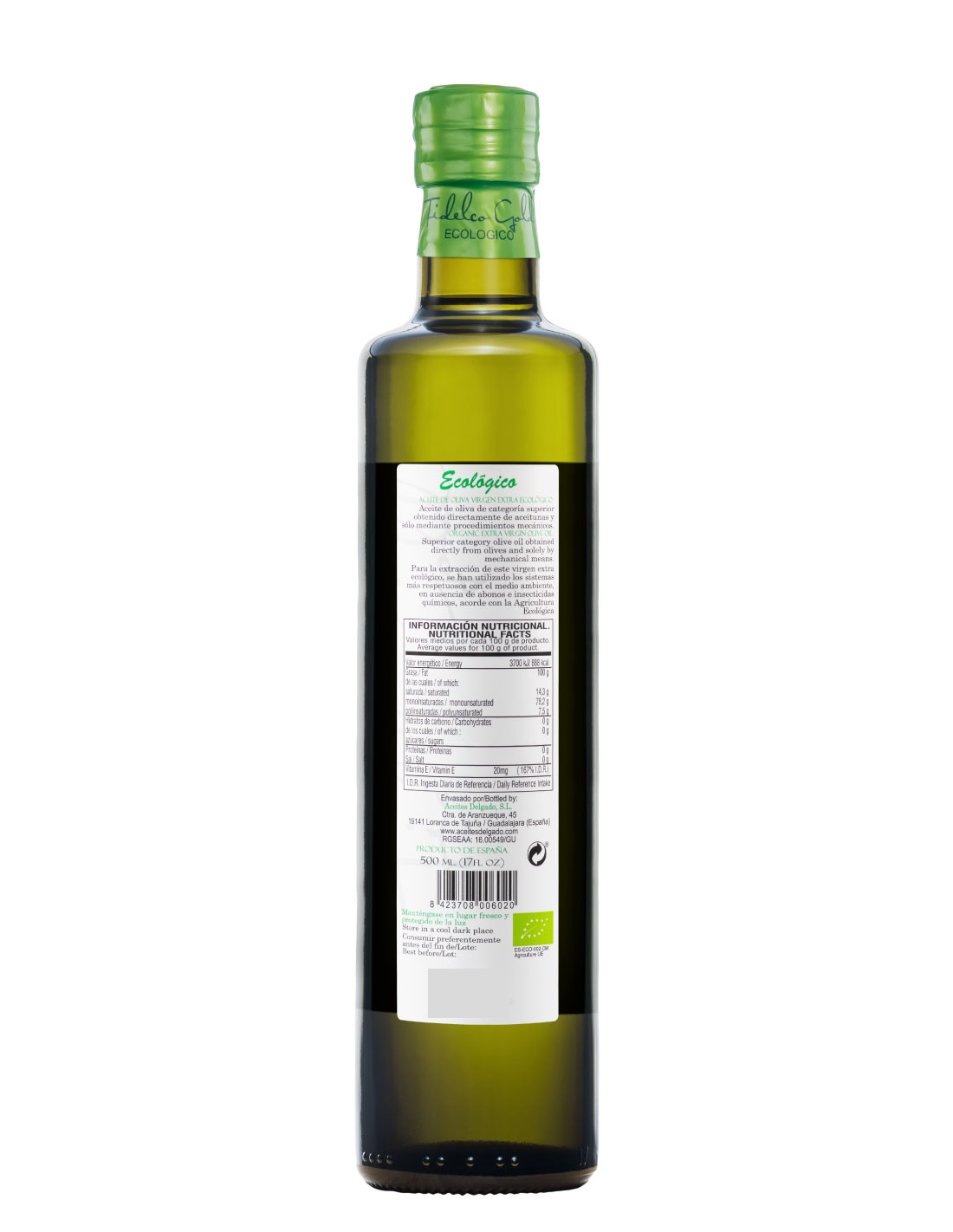 Aceite de Oliva Virgen Extra Ecológico. Fidelco. AOVE prensado en frío.